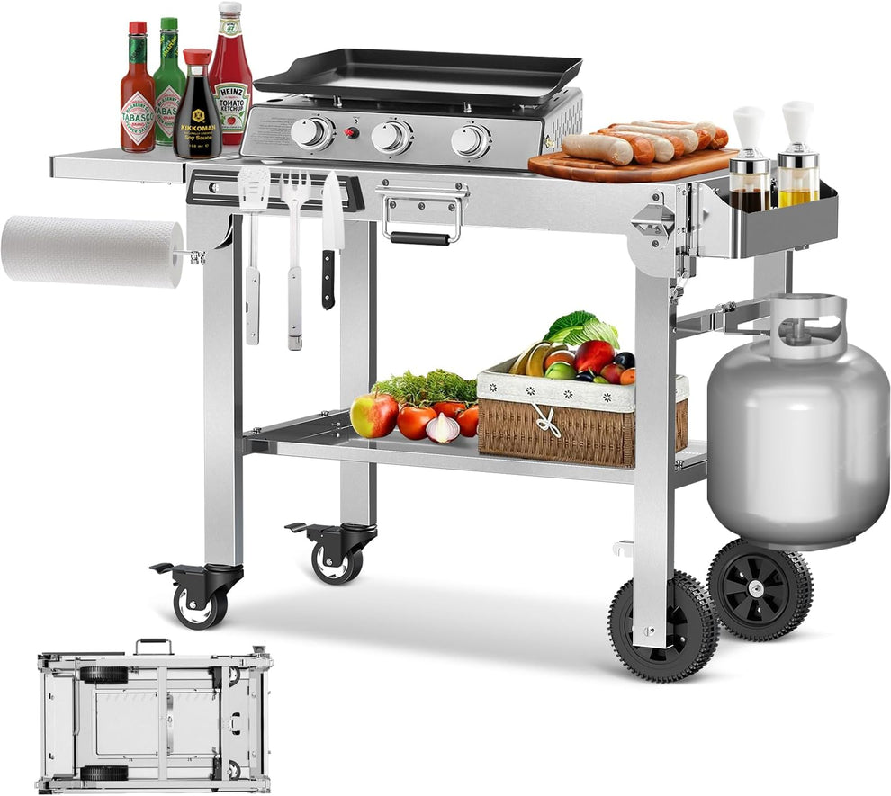 Portable Folding Grill Prep Table with Wheels BBQ Grill Stand for Camp ...
